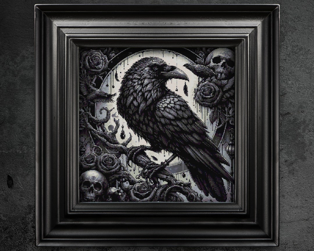 Woodcut Raven With Skulls and Black Roses Cross Stitch Pattern ...