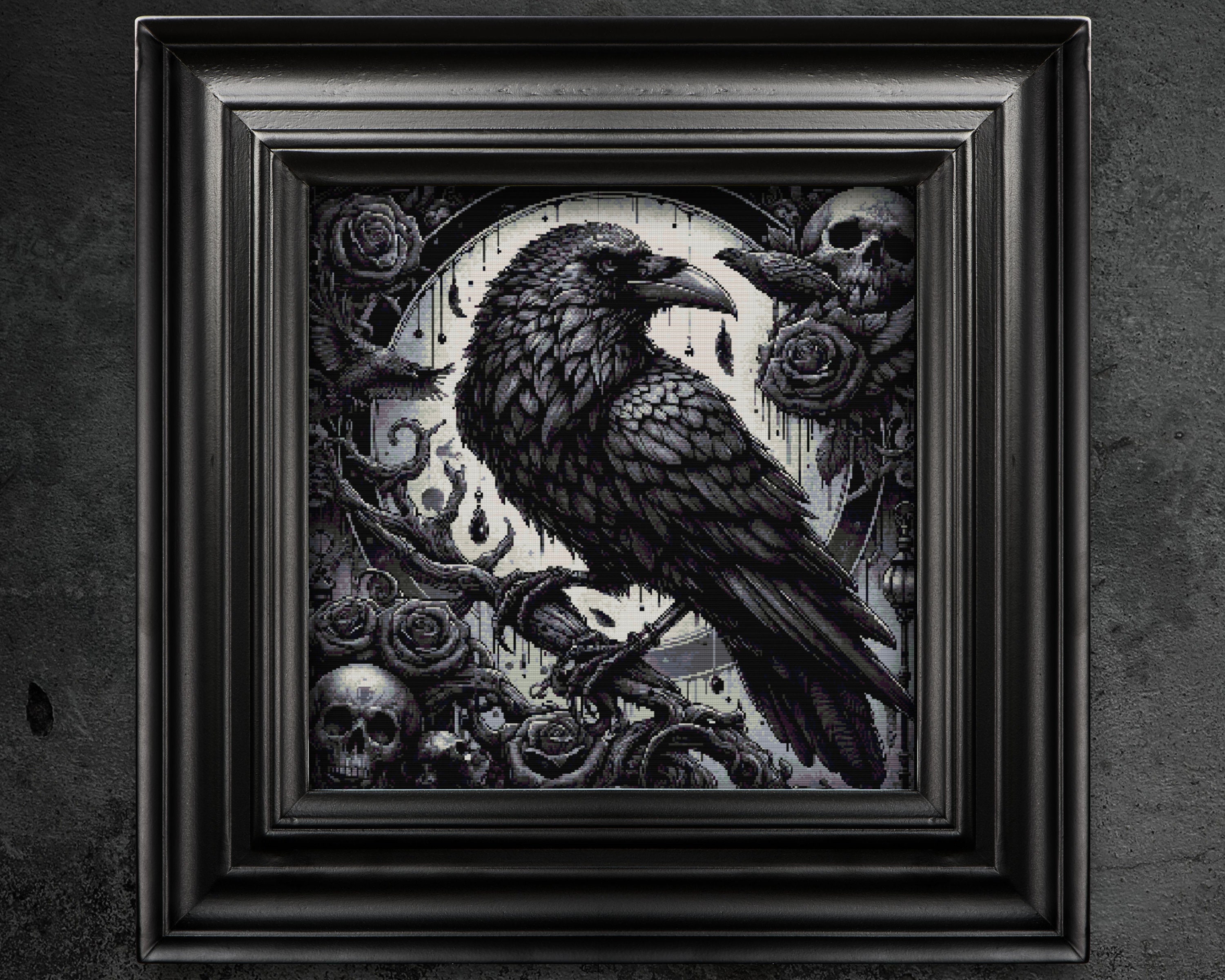 Woodcut Raven With Skulls and Black Roses Cross Stitch Pattern ...