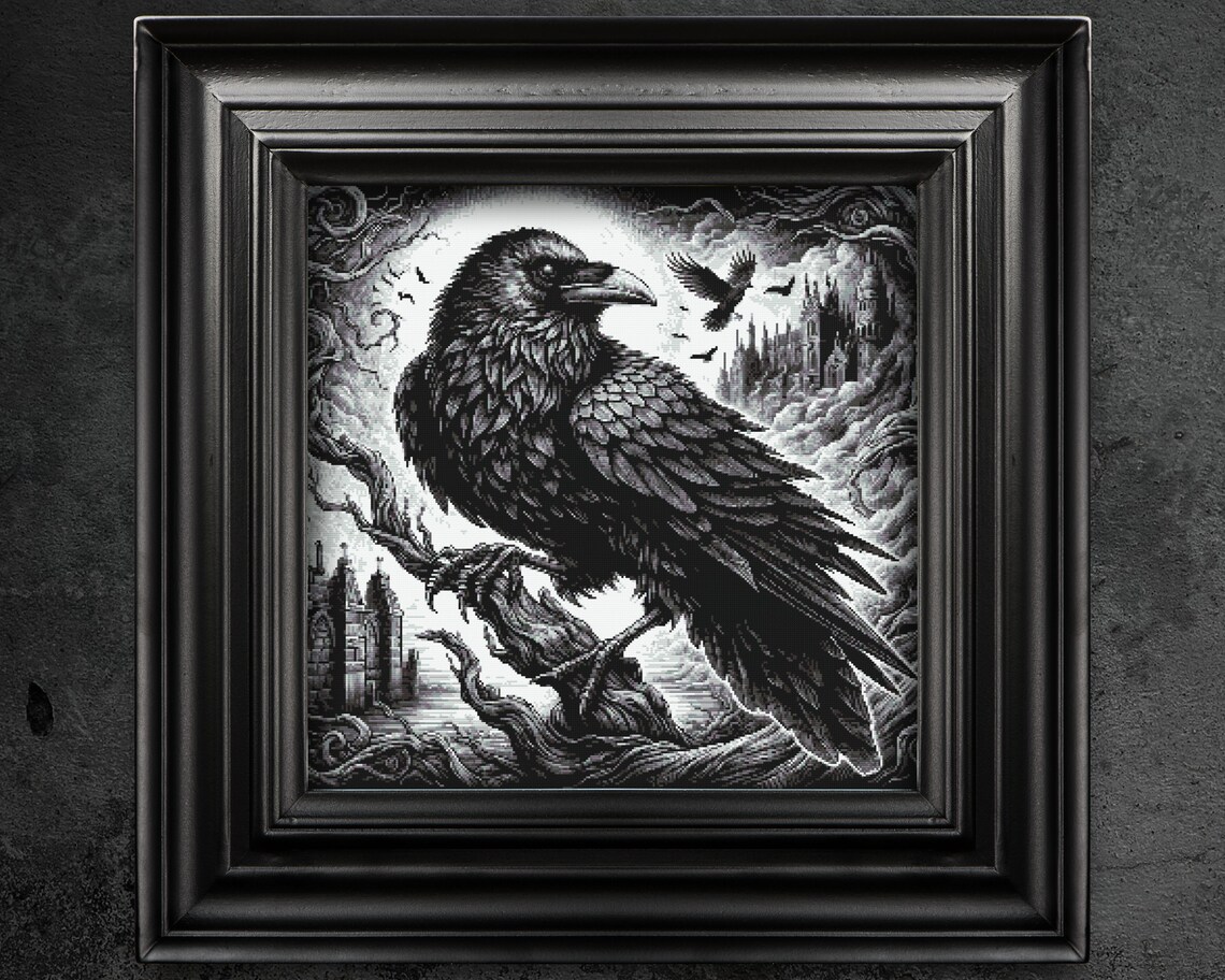 Woodcut Raven With Dracula's Castle Cross Stitch Pattern Halloween ...