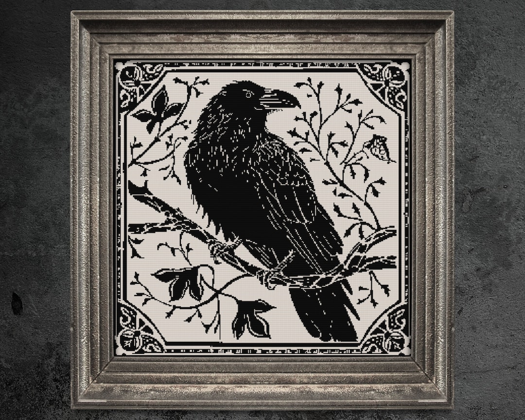 Gothic Woodcut Raven Cross Stitch Pattern Gift for Halloween Horror ...