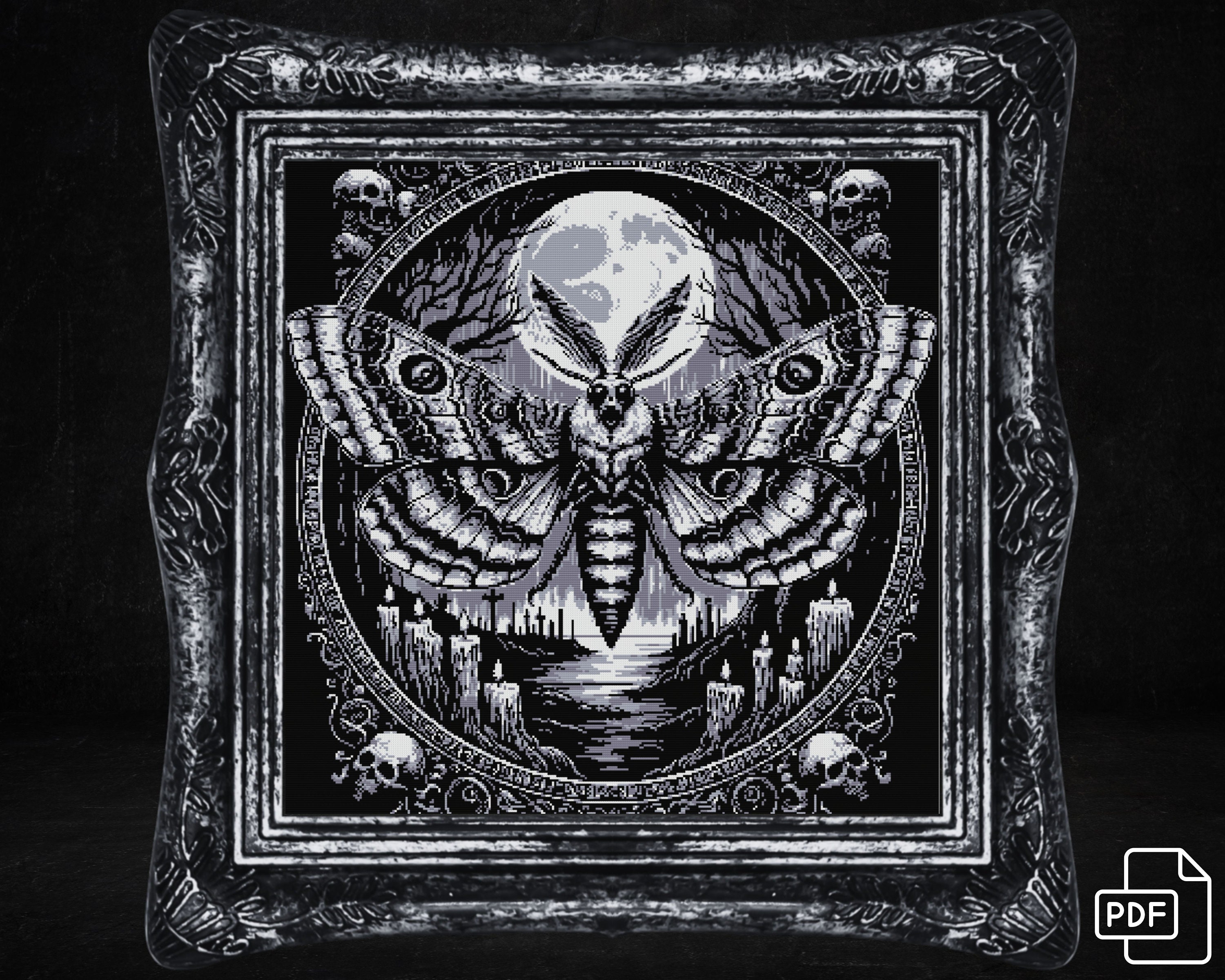 The Moth With Full Moon Cross Stitch Pattern Gift for Halloween Horror ...