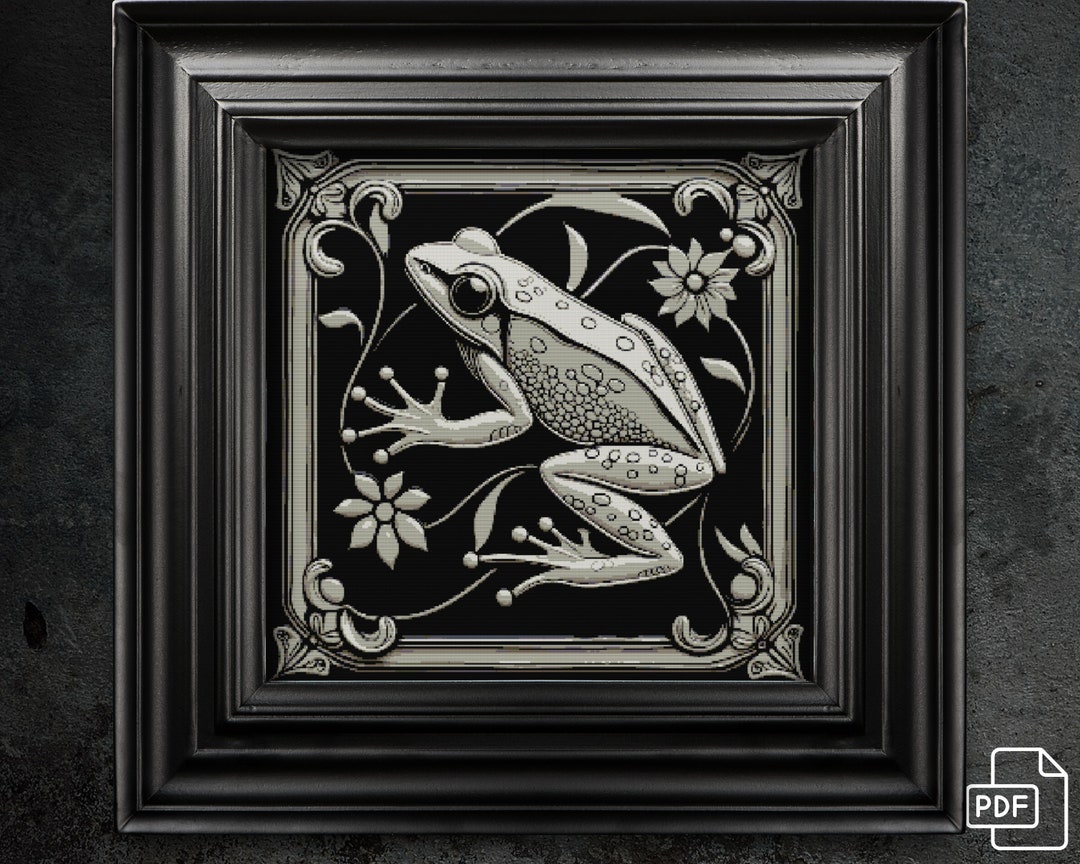 Woodcut Frog Cross Stitch Pattern Gift for Halloween Horror Floral ...