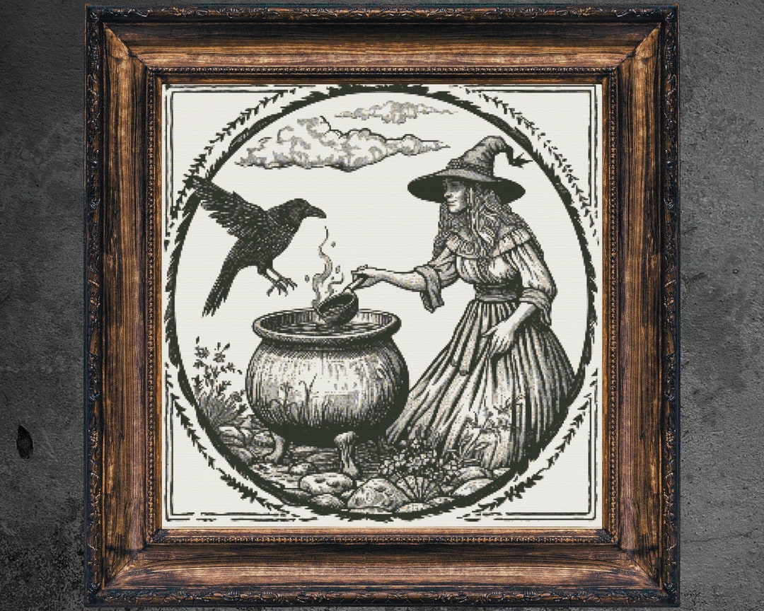 Witch and Raven Cross Stitch Pattern: Gothic Horror Woodcut (digital ...