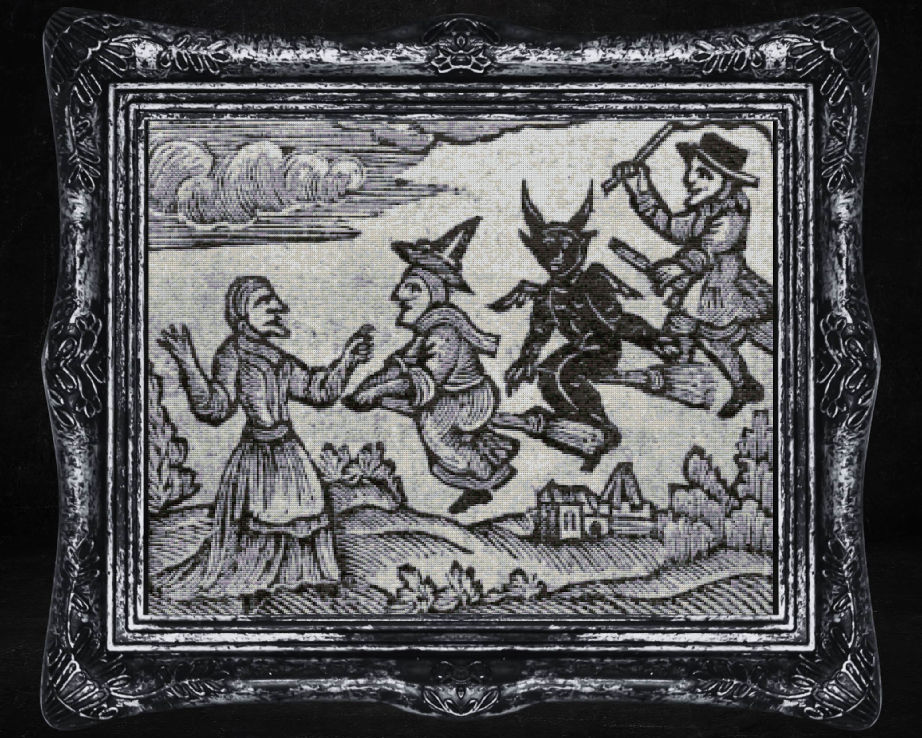 Witches and Devils Woodcut Cross Stitch Pattern Halloween Horror ...