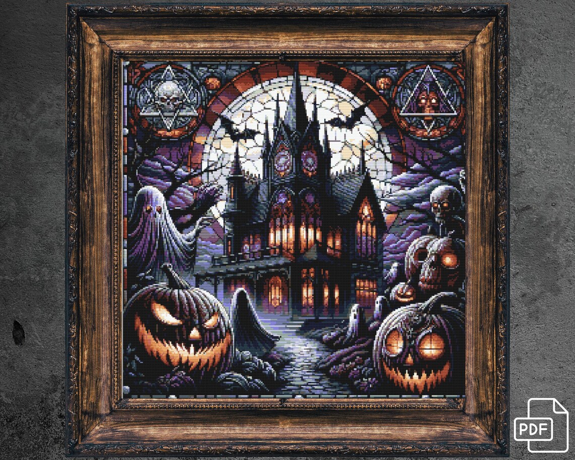 Stained Glass Haunted House With Ghosts Cross Stitch Pattern Halloween ...