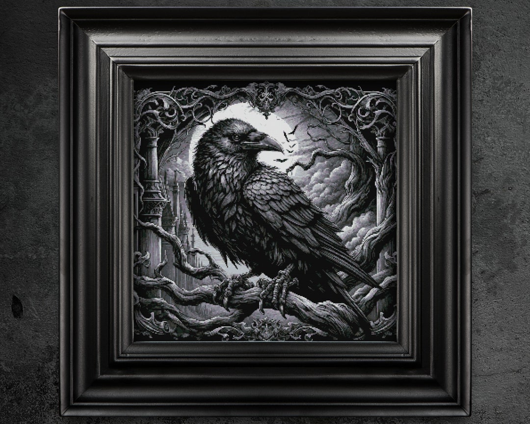 Woodcut Raven With Full Moon Cross Stitch Pattern Halloween Horror ...
