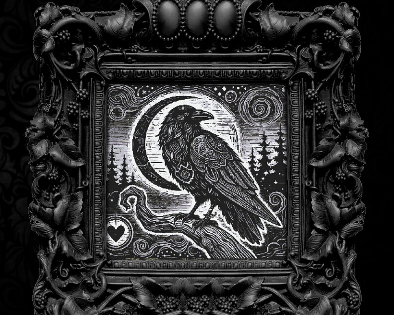 Woodcut Raven 2 Cross Stitch Pattern Halloween Horror Witchcraft Creepy ...