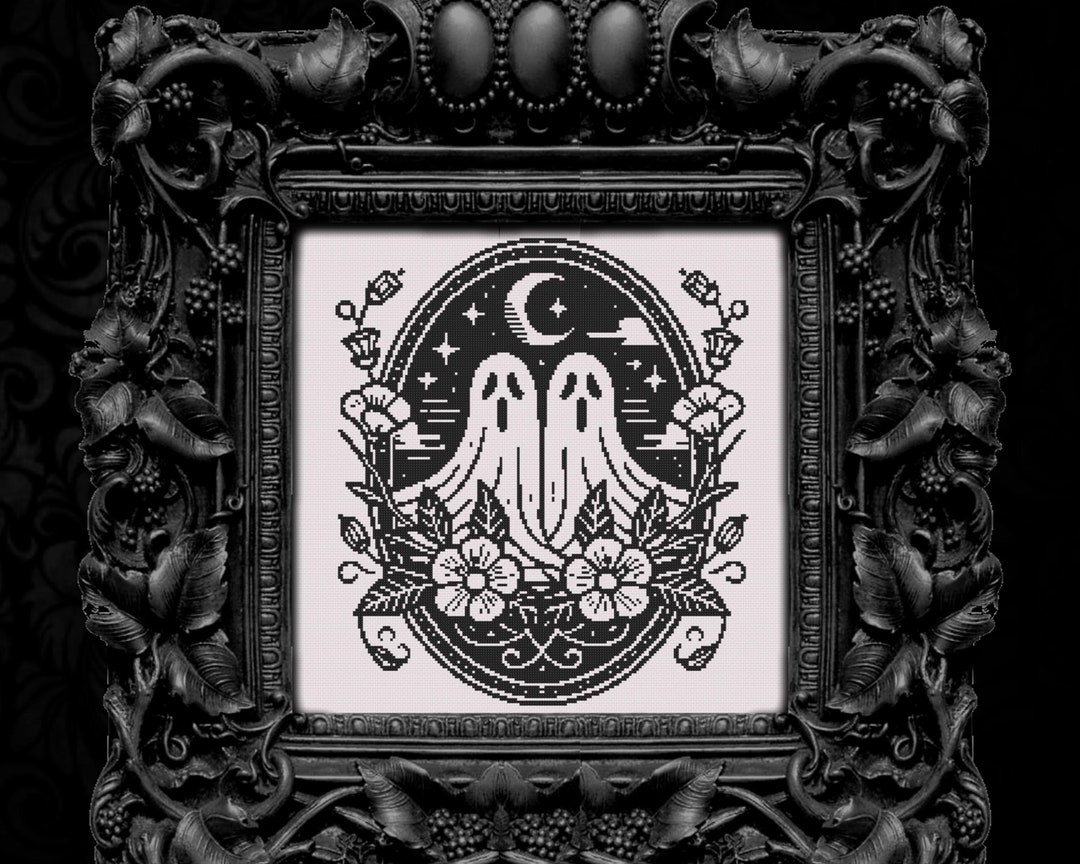 Woodcut Ghosts With Moon Cross Stitch Pattern Halloween Black and White ...