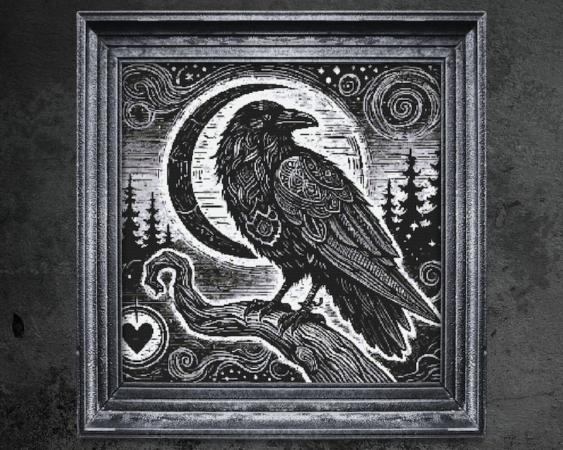 Woodcut Raven 2 Cross Stitch Pattern Halloween Horror Witchcraft Creepy ...