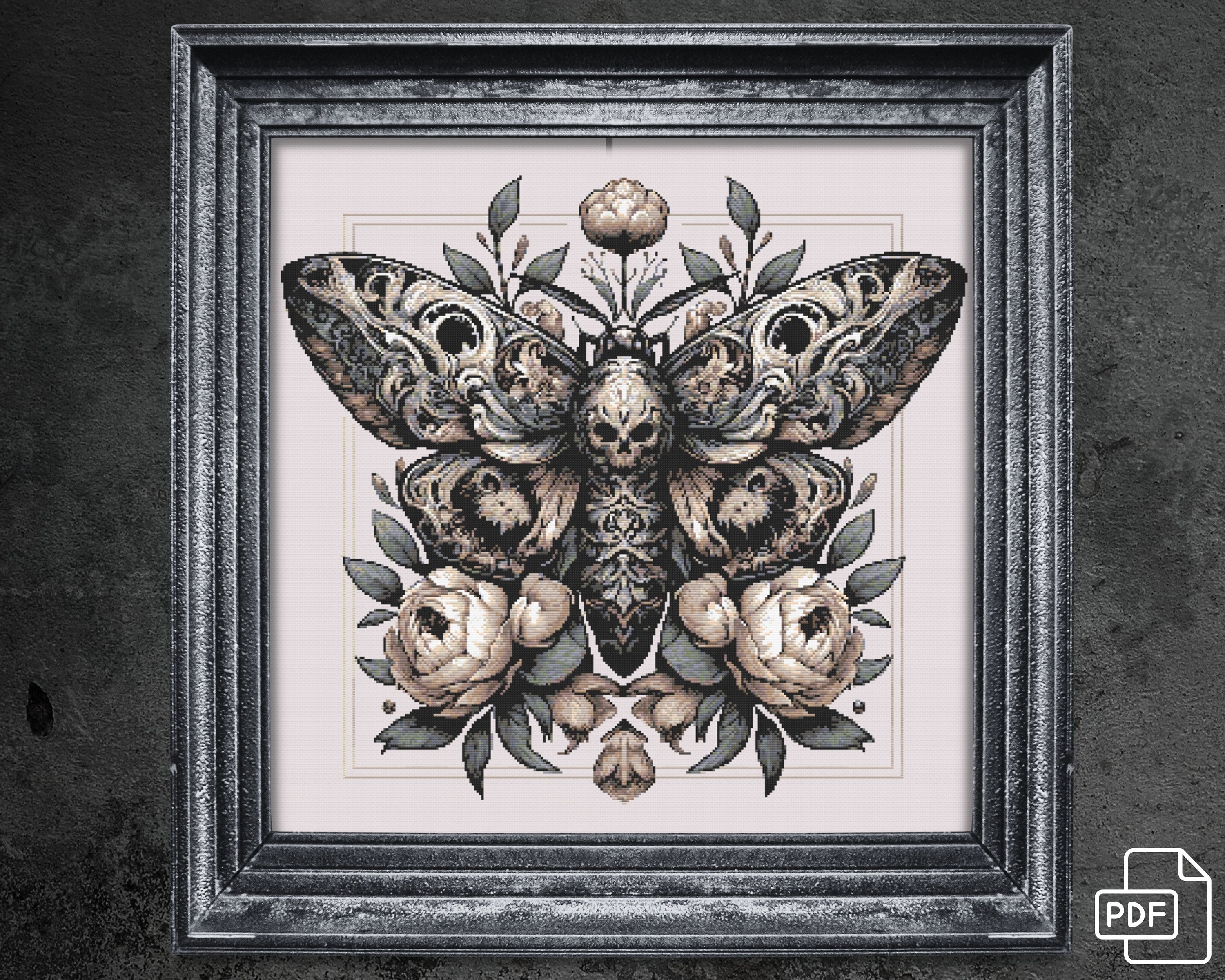 Floral Death Moth Cross Stitch Pattern, Gothic Halloween (PDF Pattern ...