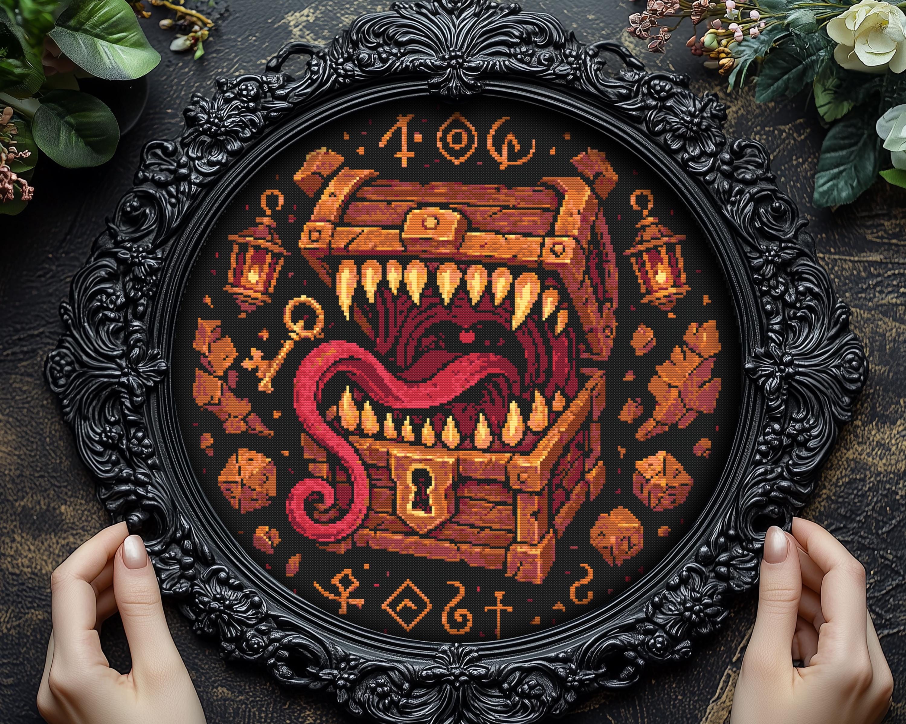 Spooky Lore Chest Cross Stitch Pattern Flying Dragon Fantasy D20 Dnd ...