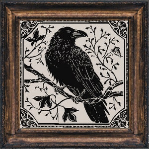Gothic Woodcut Raven Cross Stitch Pattern Gift for Halloween Horror ...