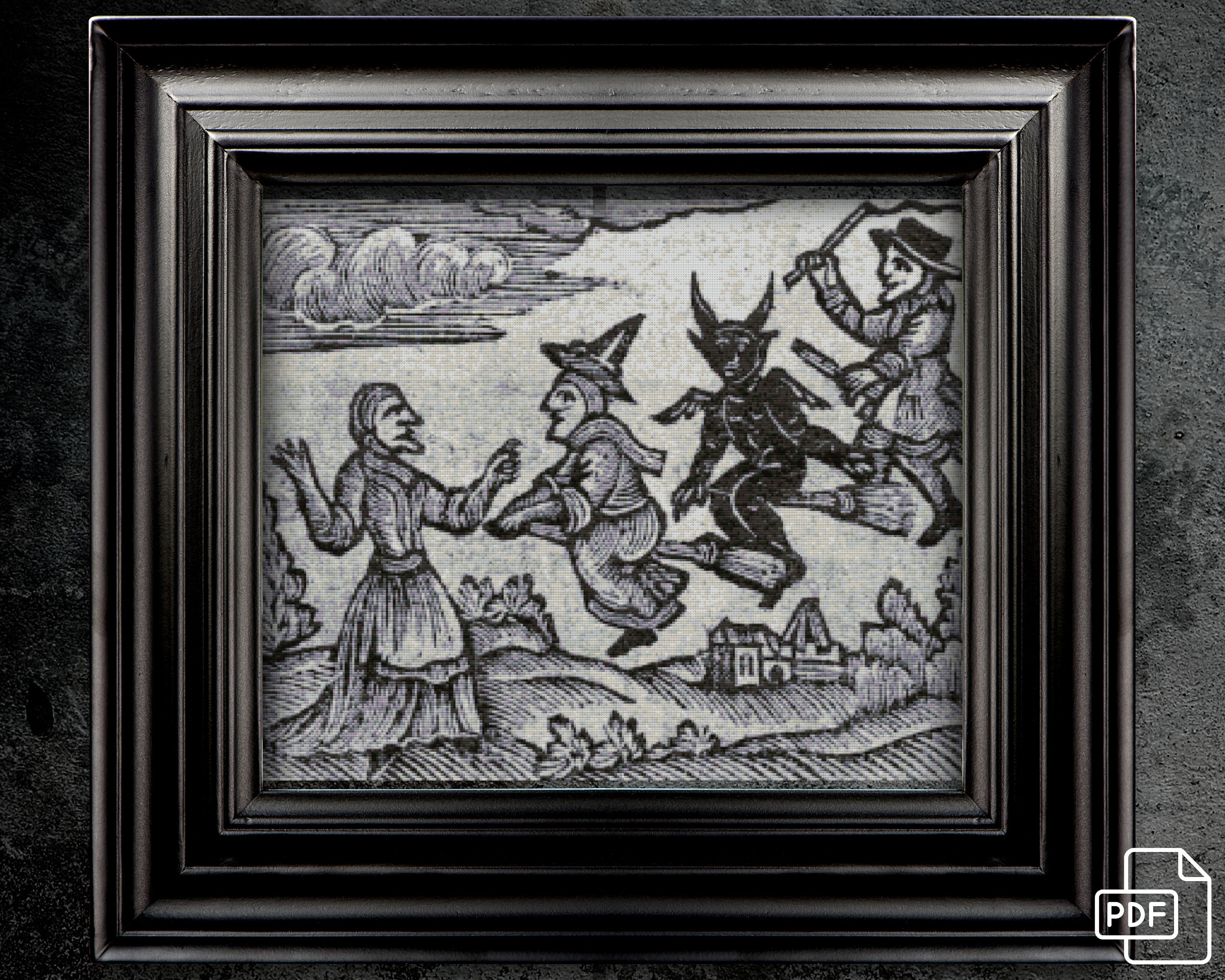 Witches and Devils Woodcut Cross Stitch Pattern Halloween Horror ...