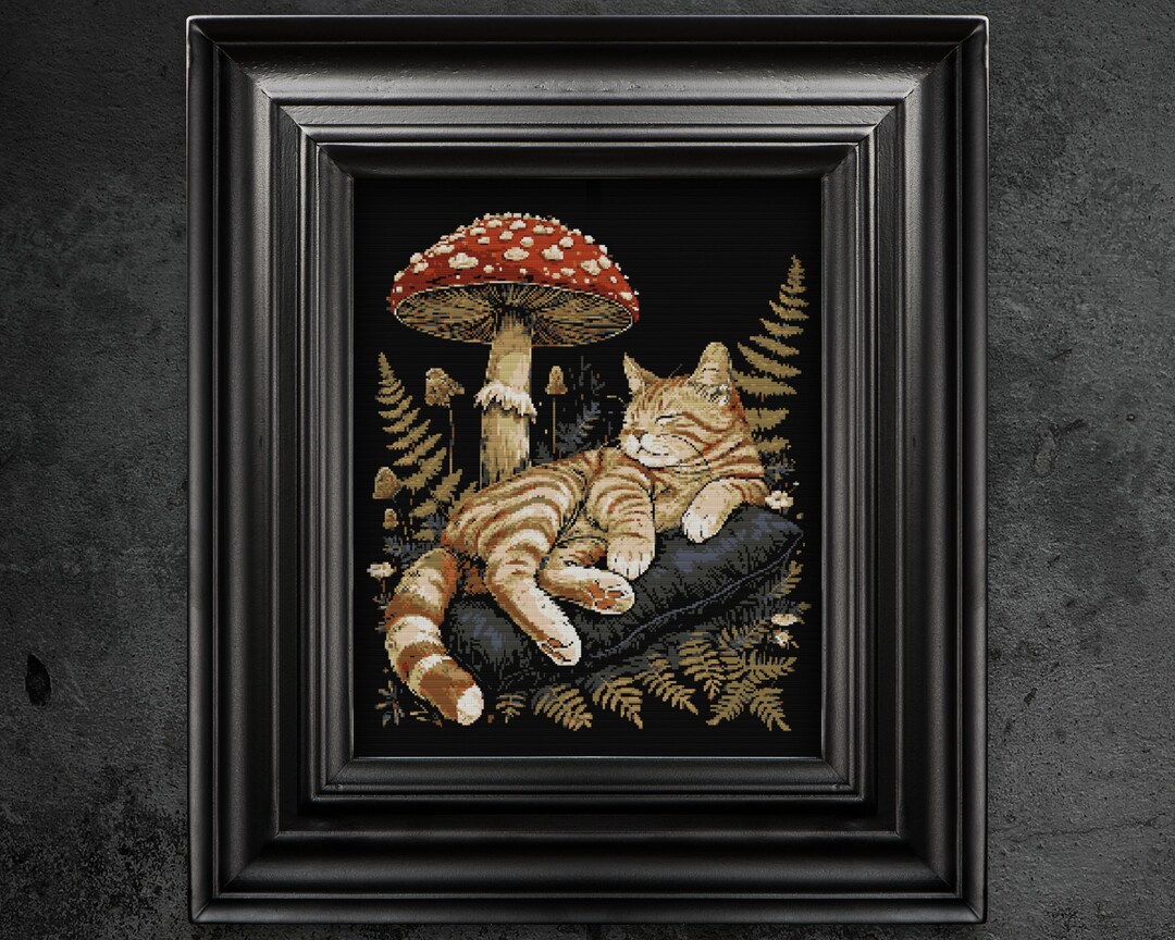 Trippy Cat With Mushroom Cross Stitch Pattern Modern Animal Watercolor ...