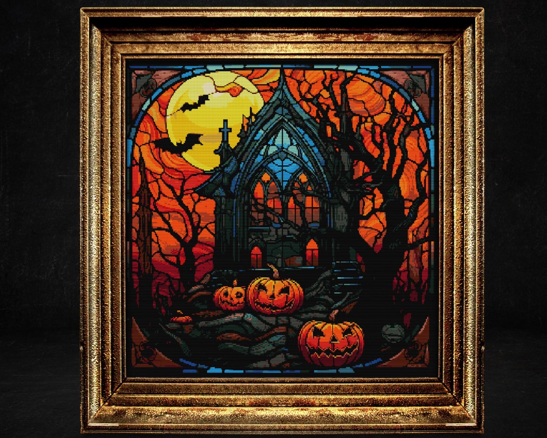 Halloween Stained Glass Cross Stitch Pattern Halloween Horror Victorian ...