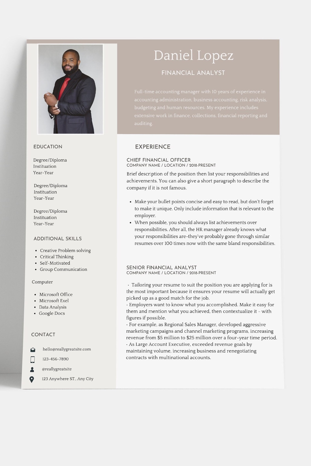 Finance Resume Template for Canva, CV Template, Financial Resume ...