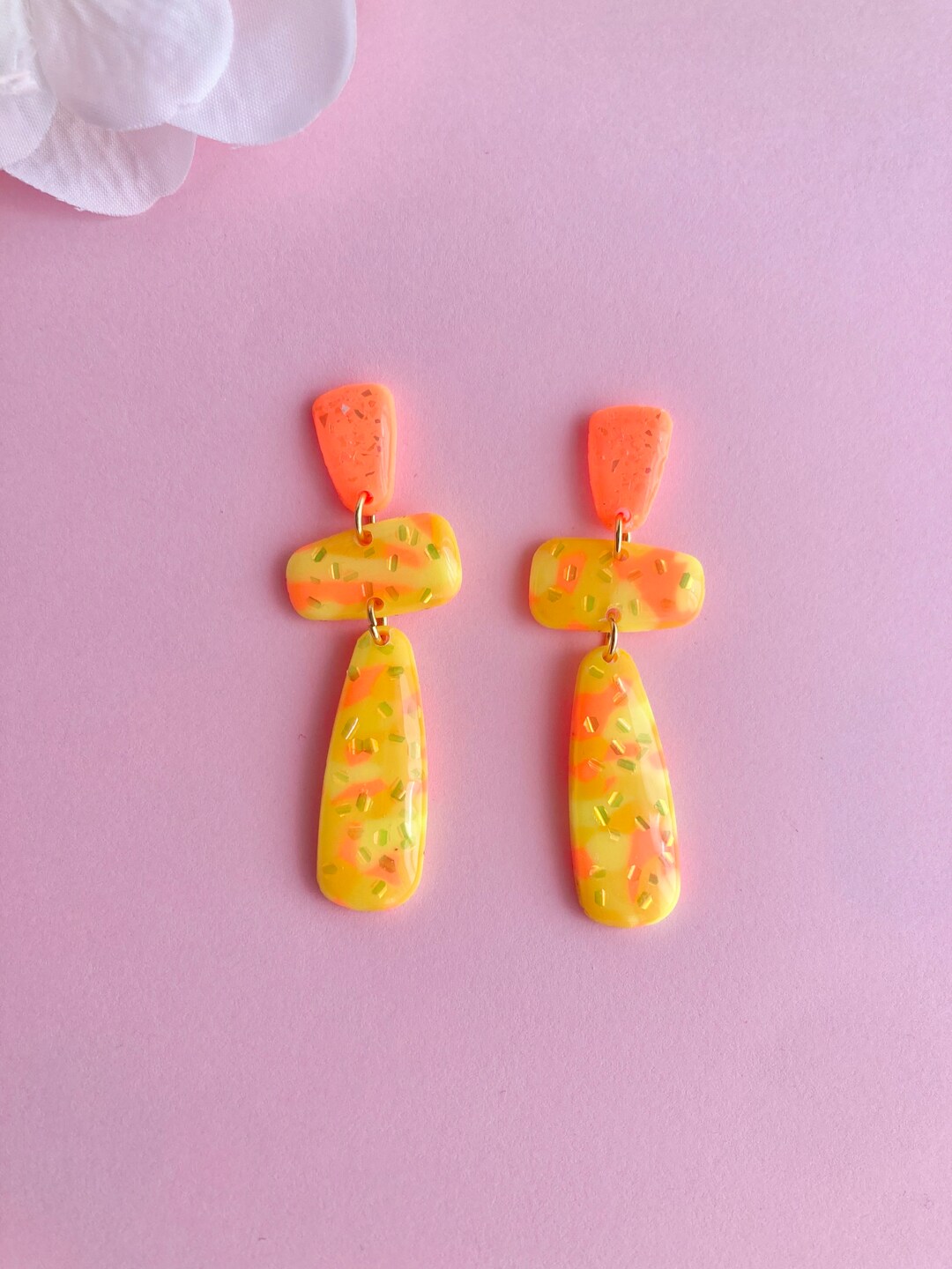 Yellow Dangles, Sunny Polymer Clay Earrings, Statement Jewelry, Orange ...