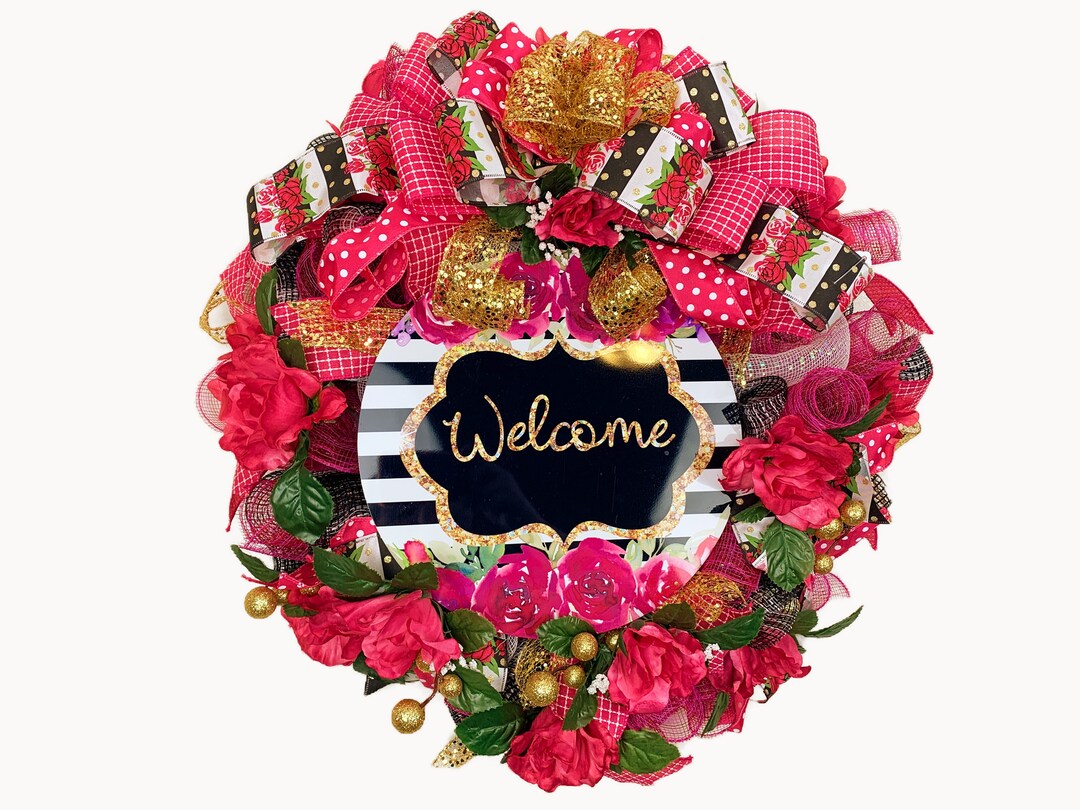 Welcome Wreath, Dark Pink Wreath, Black and White Wreath, Gift for Her ...