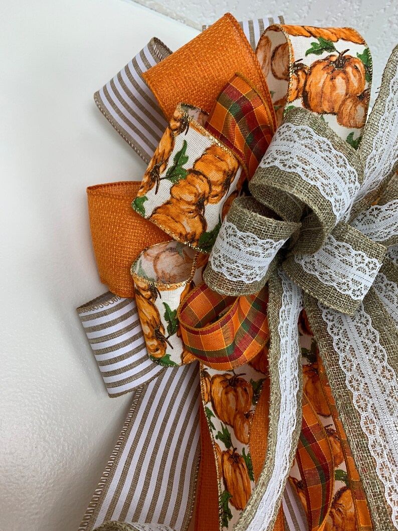 Orange Fall Bow for Front Door, Pumpkin Wreath Bow, Fall Banister Bow ...