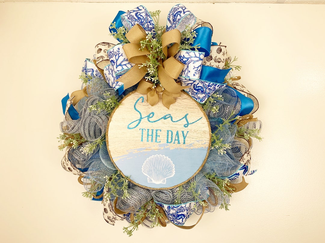 Blue Beach Wreath, Nautical Wreath, Blue Front Door Wreath, Beach ...