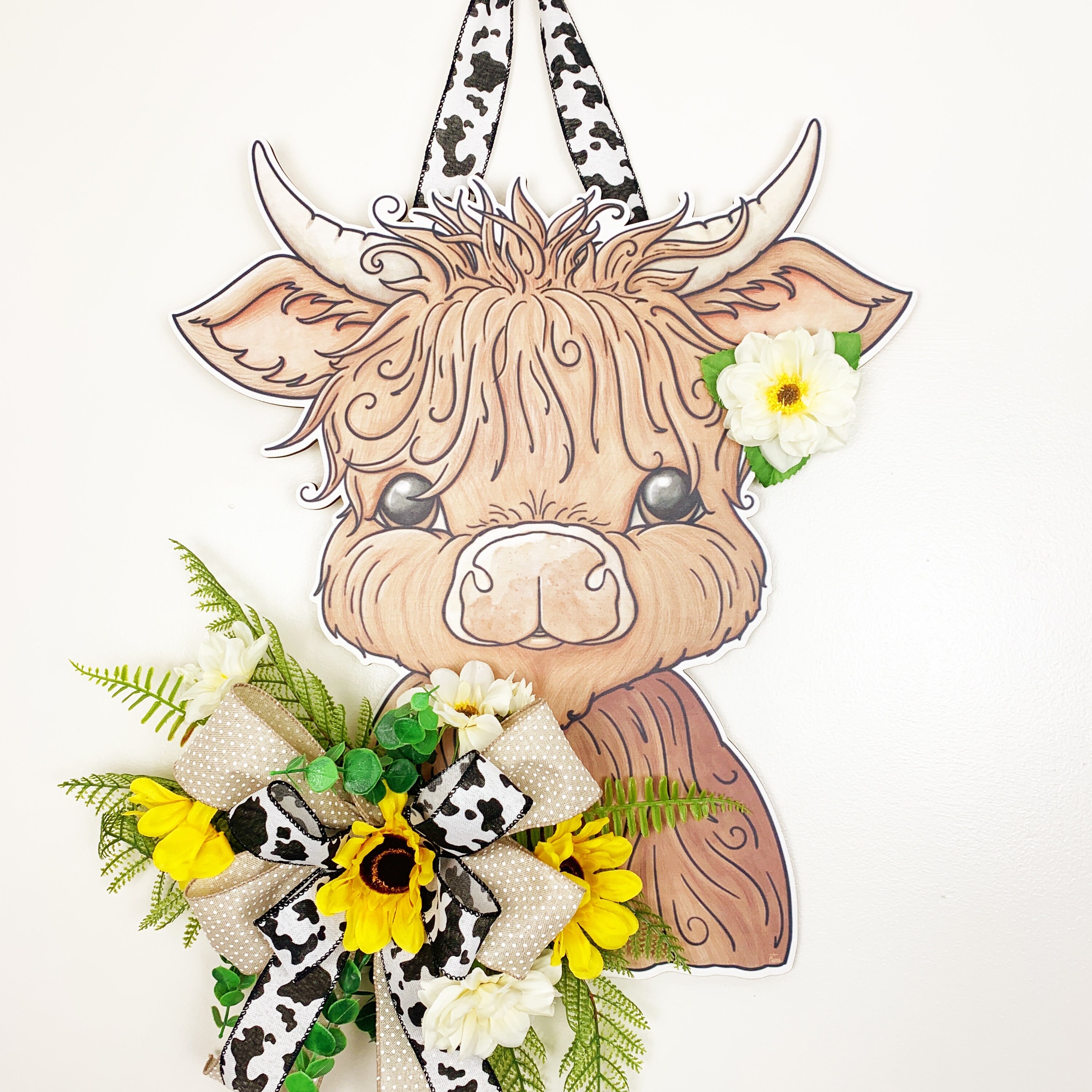 Highland Cow Door Hanger, Cow Sunflower Front Door Wood Sign, Summer ...