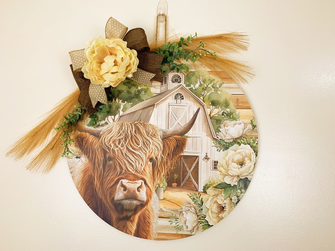 Highland Cow Door Hanger, Year-round Front Door Wood Round, Modern ...