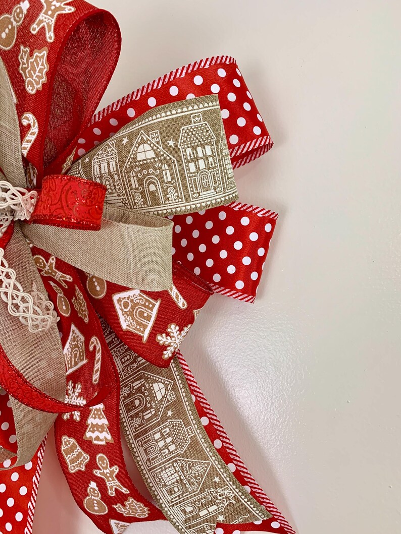Christmas Bow for Wreath, Red and Tan Gingerbread Bow, Holiday Door Bow ...