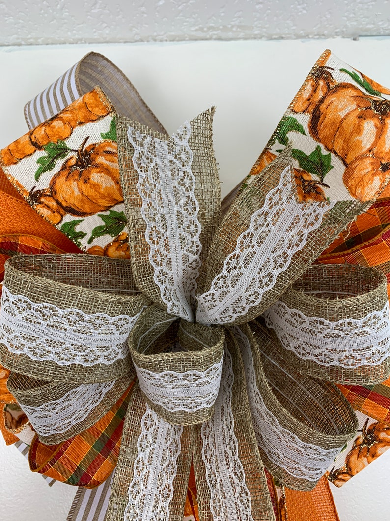 Orange Fall Bow for Front Door, Pumpkin Wreath Bow, Fall Banister Bow ...