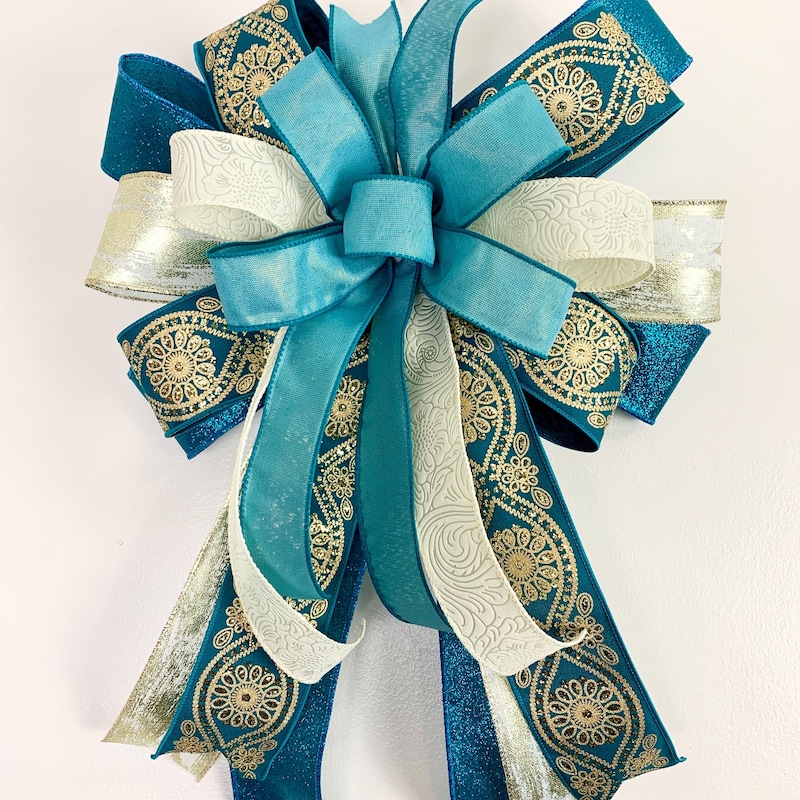 Teal and Gold Wreath Bow - Etsy