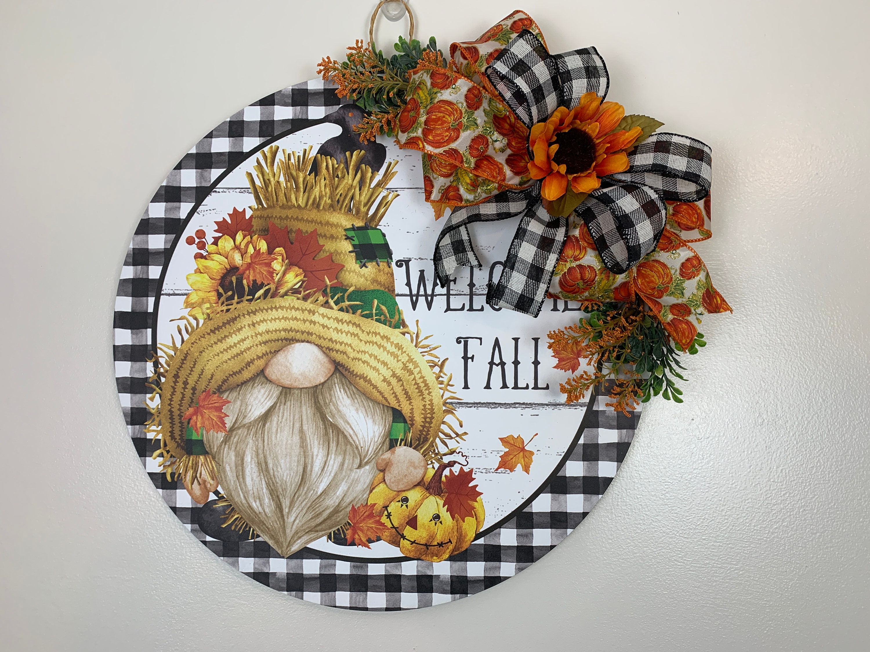 Fall Gnome Door Hanger, Fall Front Door Decor, Black Gingham Round ...