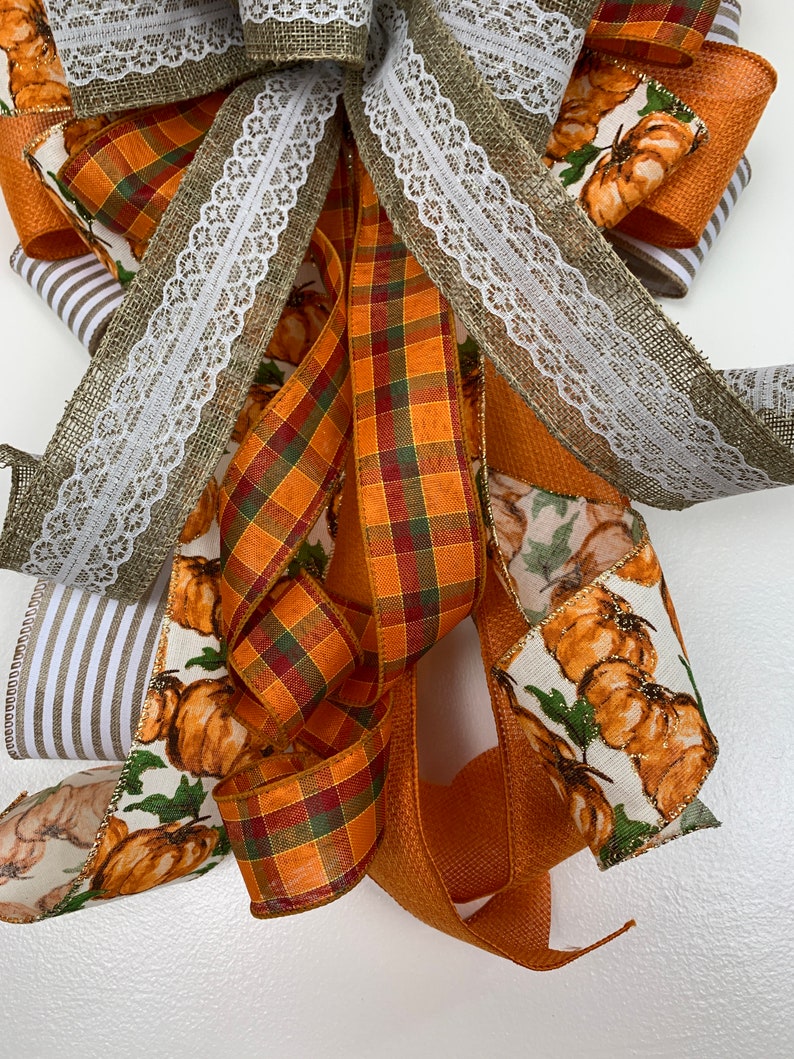 Orange Fall Bow for Front Door, Pumpkin Wreath Bow, Fall Banister Bow ...