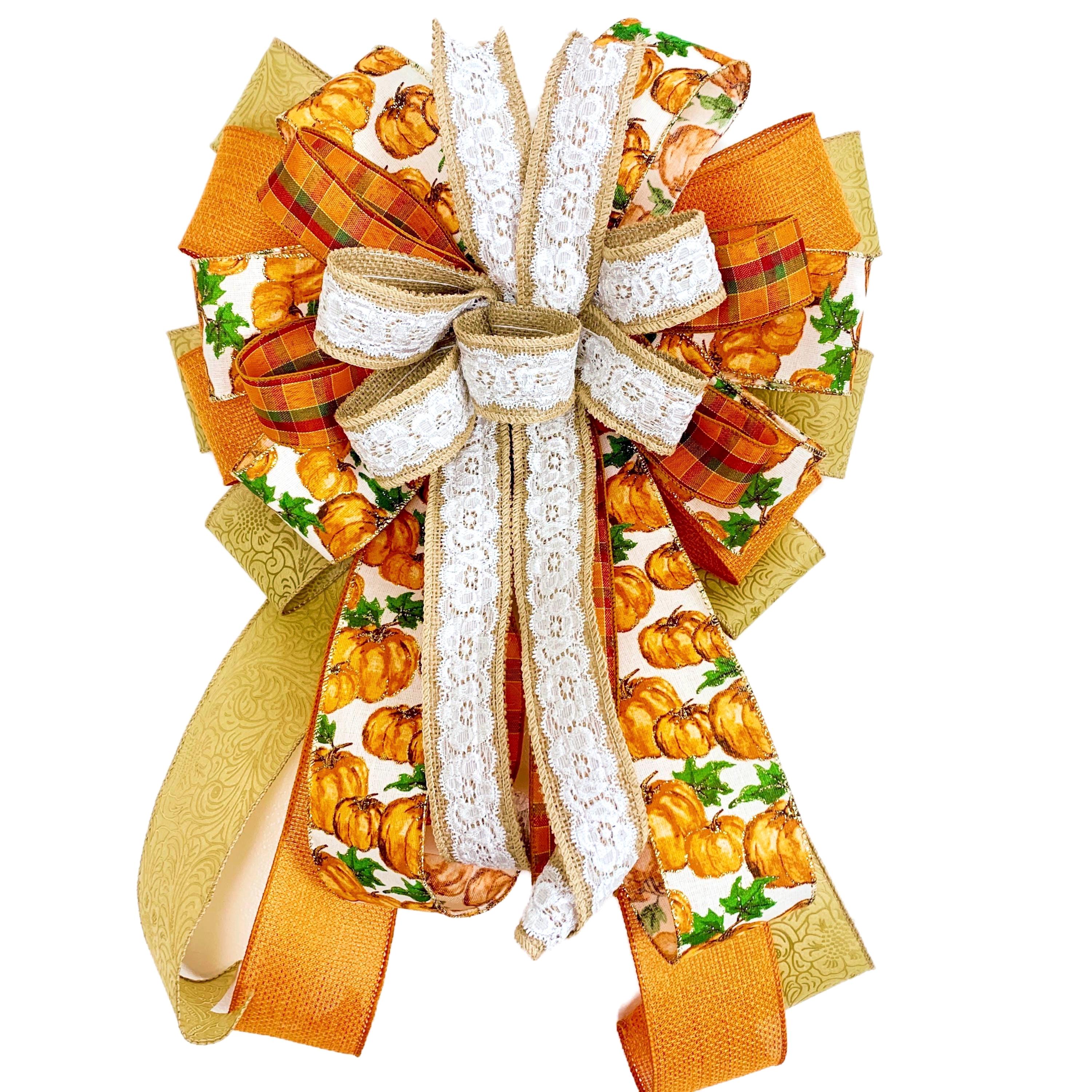 Orange Fall Bow for Front Door, Pumpkin Wreath Bow, Fall Banister Bow ...