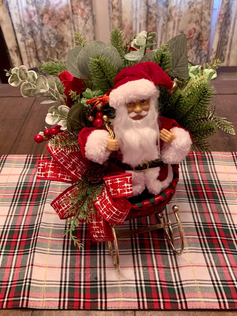 Santa Sleigh Christmas Centerpiece, Holiday Table Decor, Red and Green ...