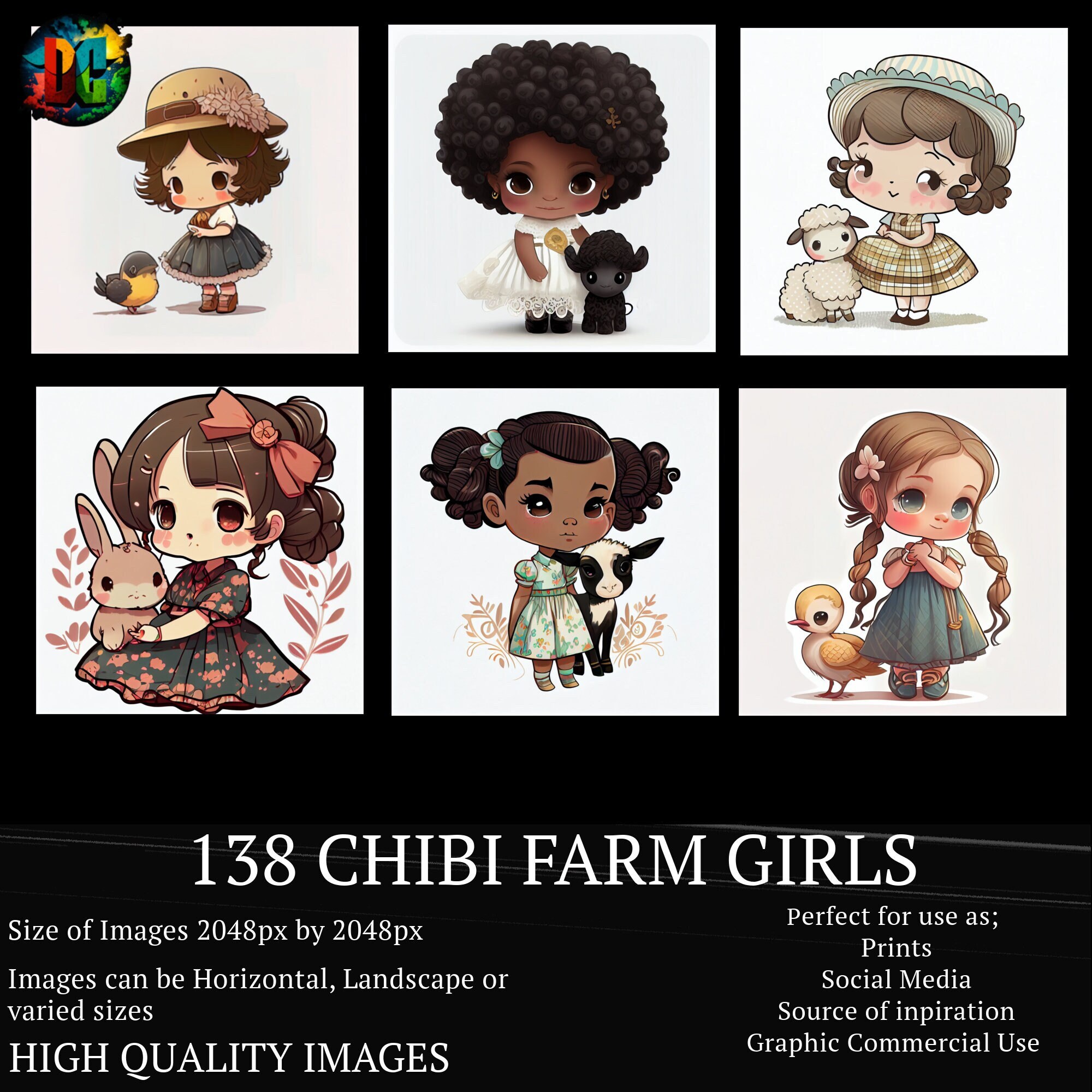 138 Cute CHIBI Farm Girls Art Print Set, Vibrant and Exciting Designs ...