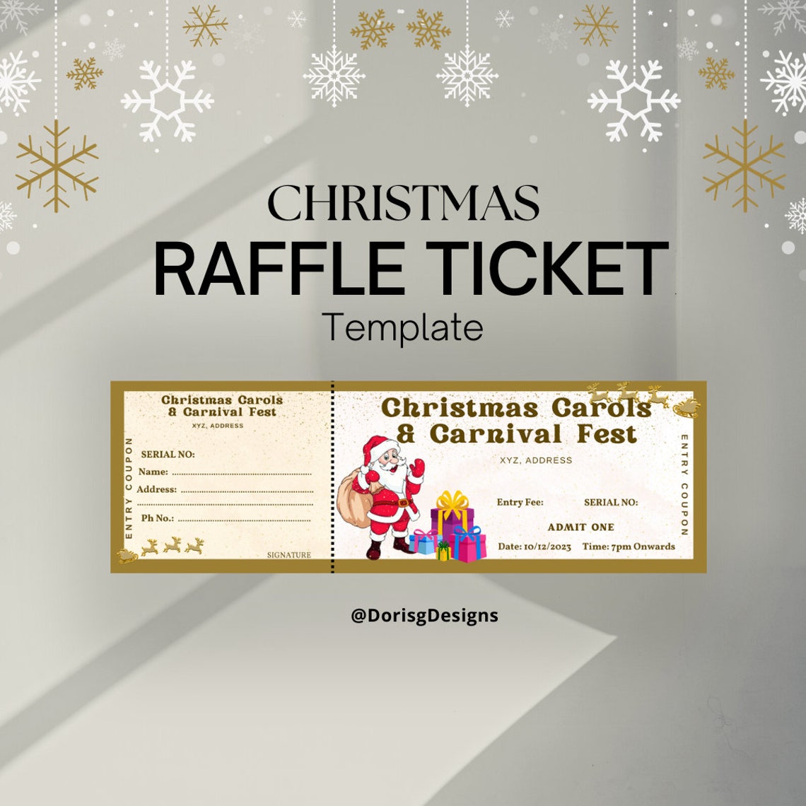 Christmas Raffle Ticket Editable Template Bright and Colourful Santa ...
