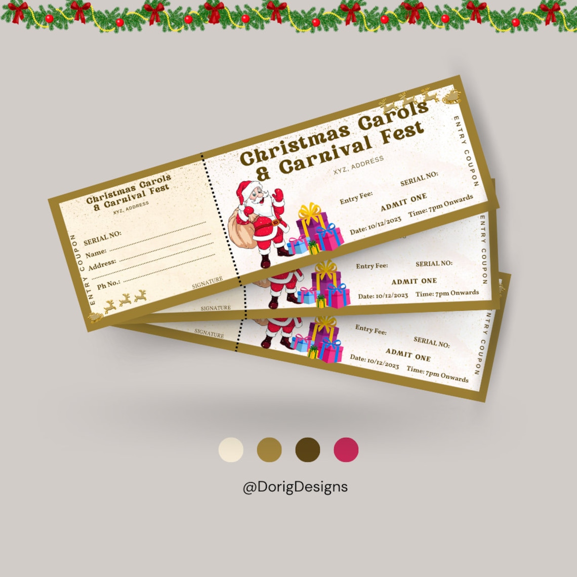 Christmas Raffle Ticket Editable Template Bright and Colourful Santa ...