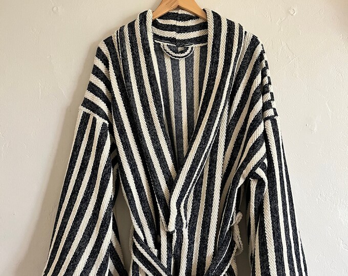 Wide Blue and White Striped Bathrobe, Lightweight Dressing Gown, Linen ...