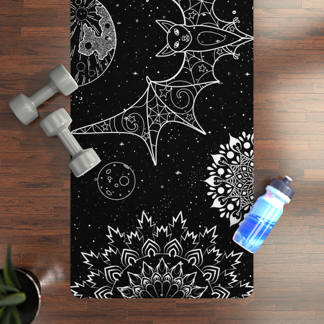 Dark Yoga Mat, Gothic Yoga Mat, Bat in Space Yoga Mat, Black and White ...