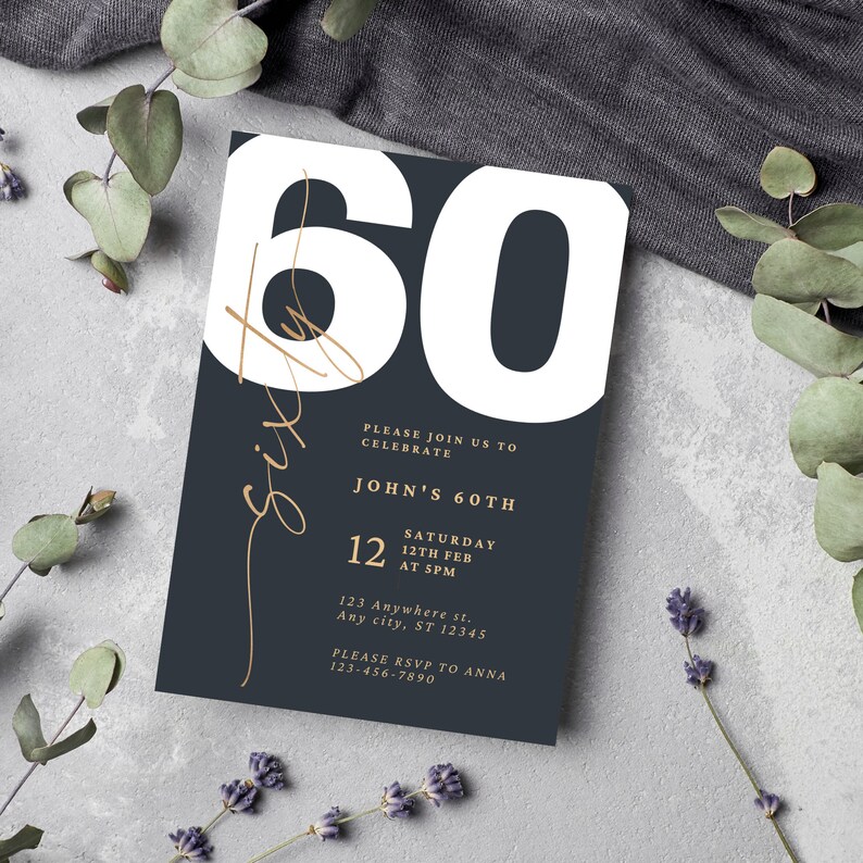 60th Birthday Invitation, Brown and Blue 60th Birthday Invite, Modern ...
