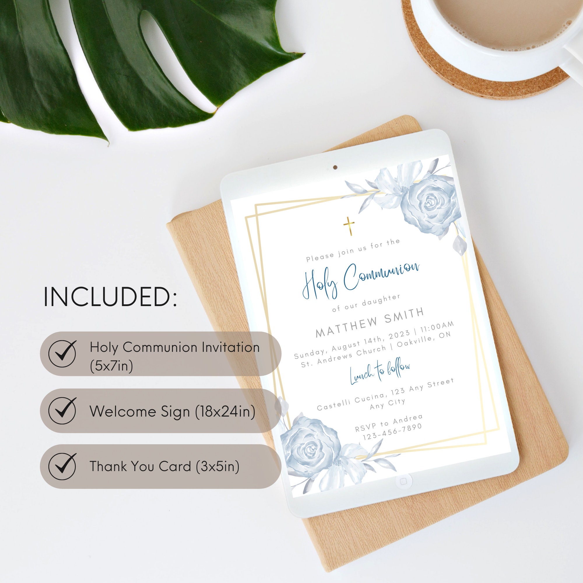 Blue Floral Holy Communion Invitation, Boy Communion Invite, Editable ...