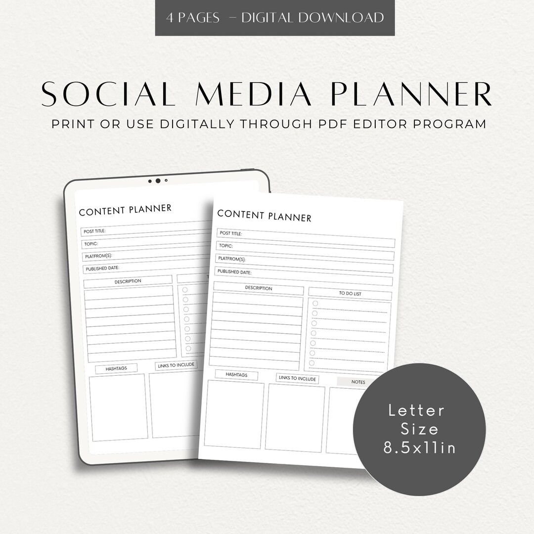 Social Media Planner Printable, Content Planner for Instagram, Youtube ...