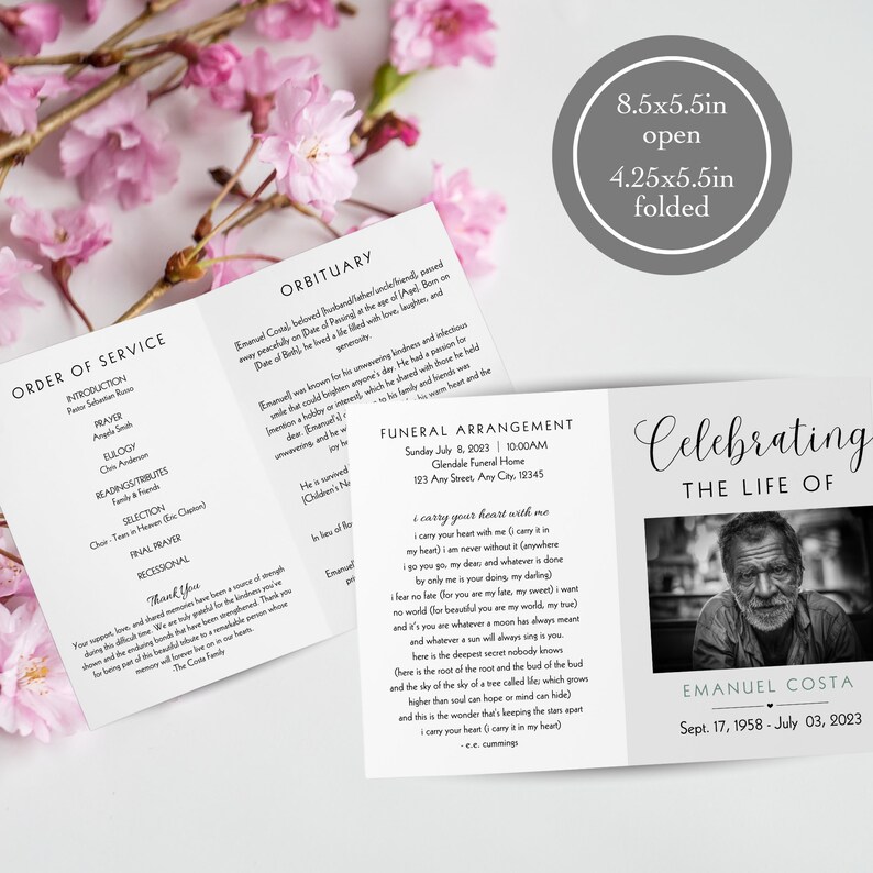 Minimalist Funeral Program Template, Editable Celebration of Life Card ...