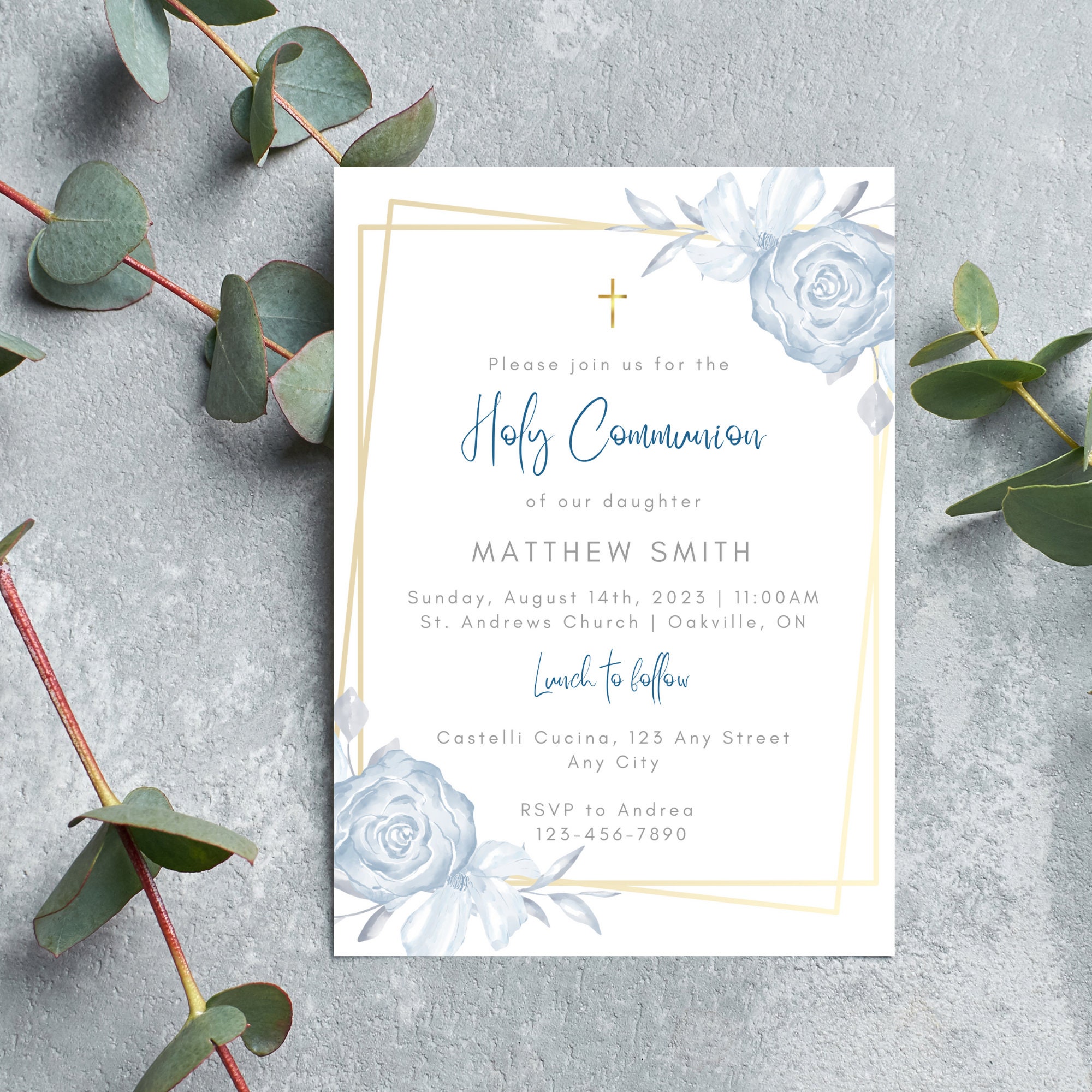 Blue Floral Holy Communion Invitation, Boy Communion Invite, Editable ...