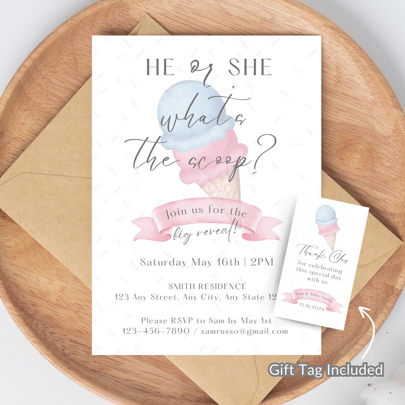 What's the Scoop Gender Reveal Invitation, Ice Cream Theme Gender ...