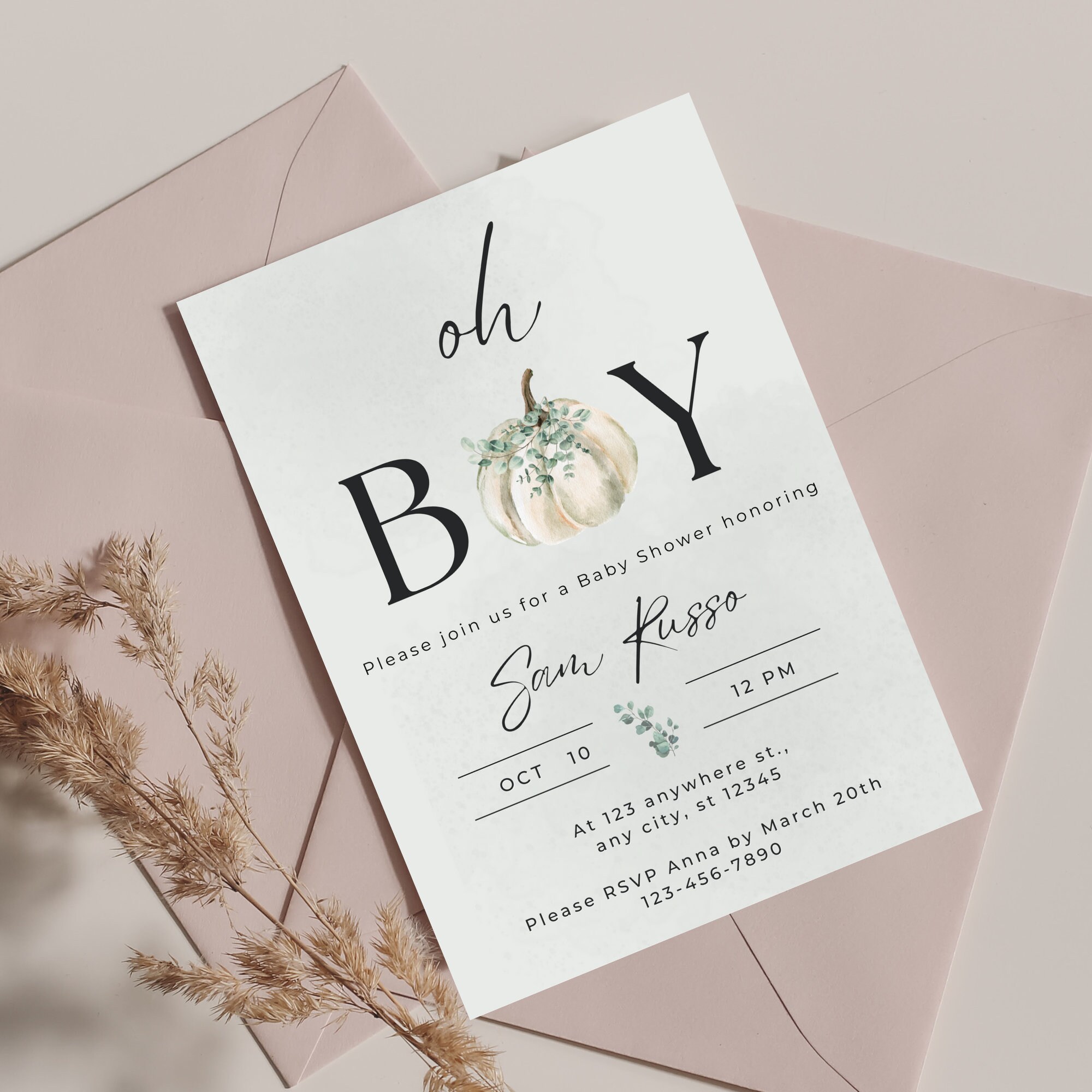 Fall Baby Boy Shower Invitation Set, Autumn Baby Shower Invite, Pumpkin ...