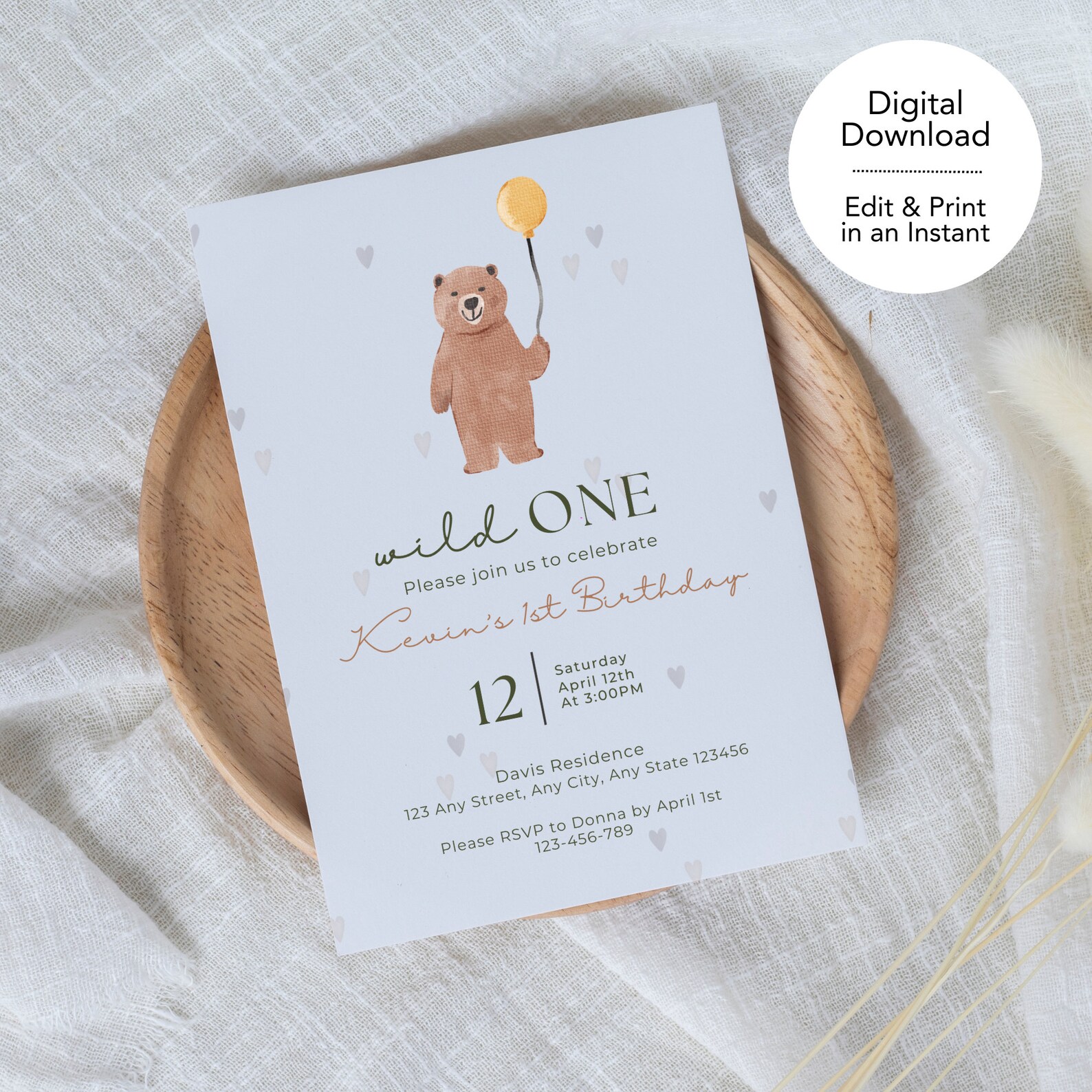 Wild One Birthday Invitation, Bear 1st Birthday Invite, Wild One ...