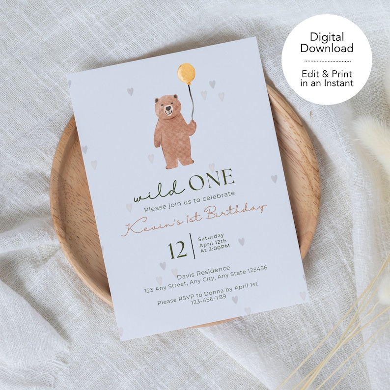 Wild One Birthday Invitation, Bear 1st Birthday Invite, Wild One ...