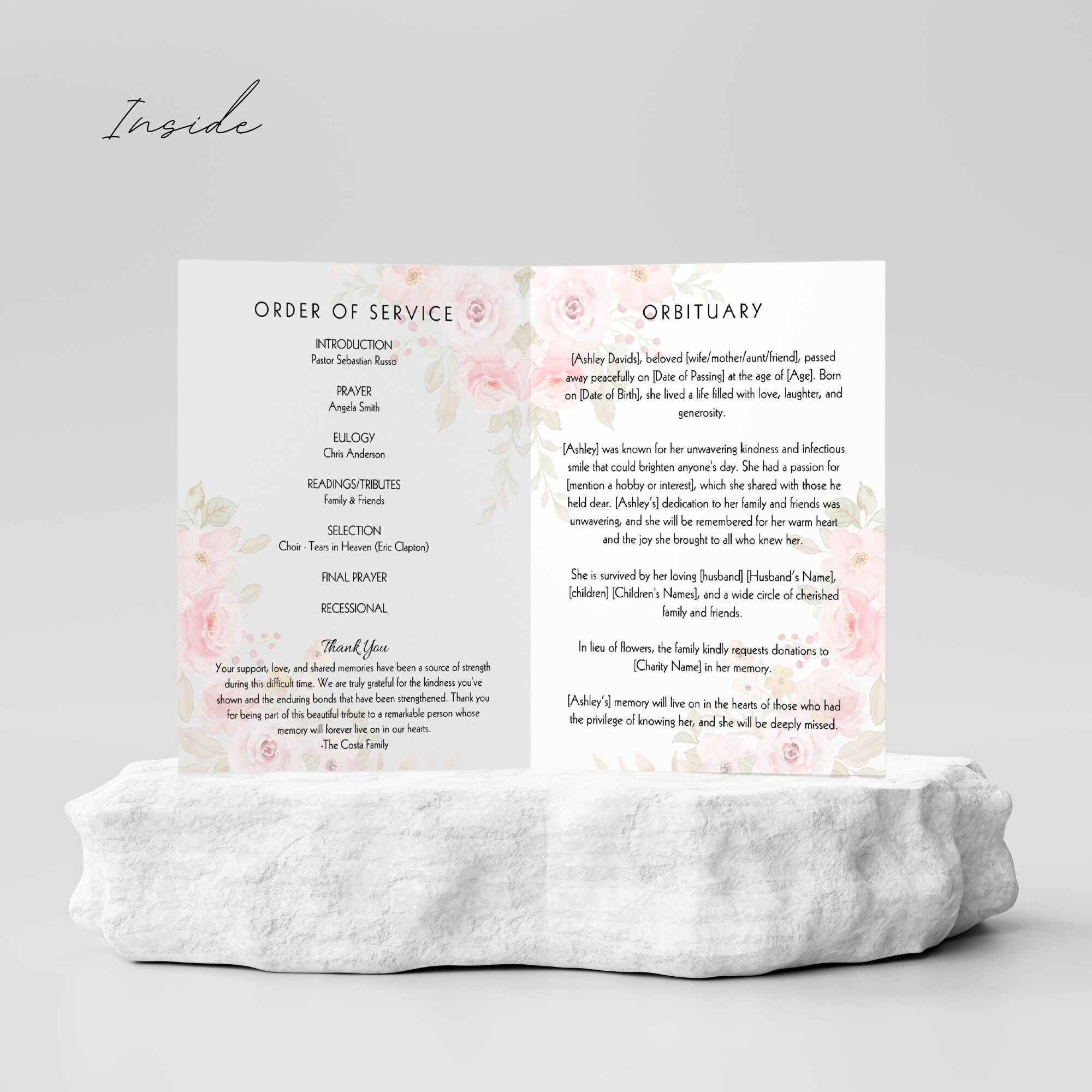 Pink Roses Funeral Program Template Floral Funeral Memorial - Etsy