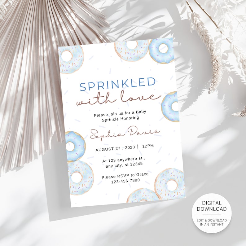 Blue Donut Baby Sprinkle Invitation, Editable Boy Baby Shower Invite ...