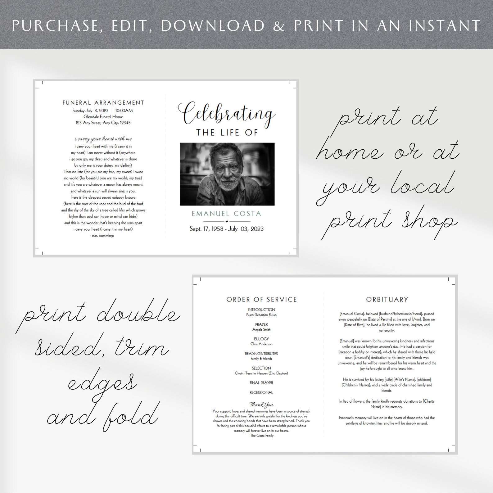 Minimalist Funeral Program Template, Editable Celebration of Life Card ...